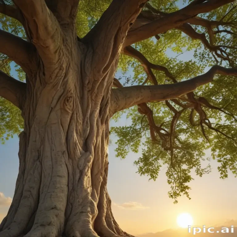 Majestic Tree with Intricate Bark Under a Golden Sunset Sky.
