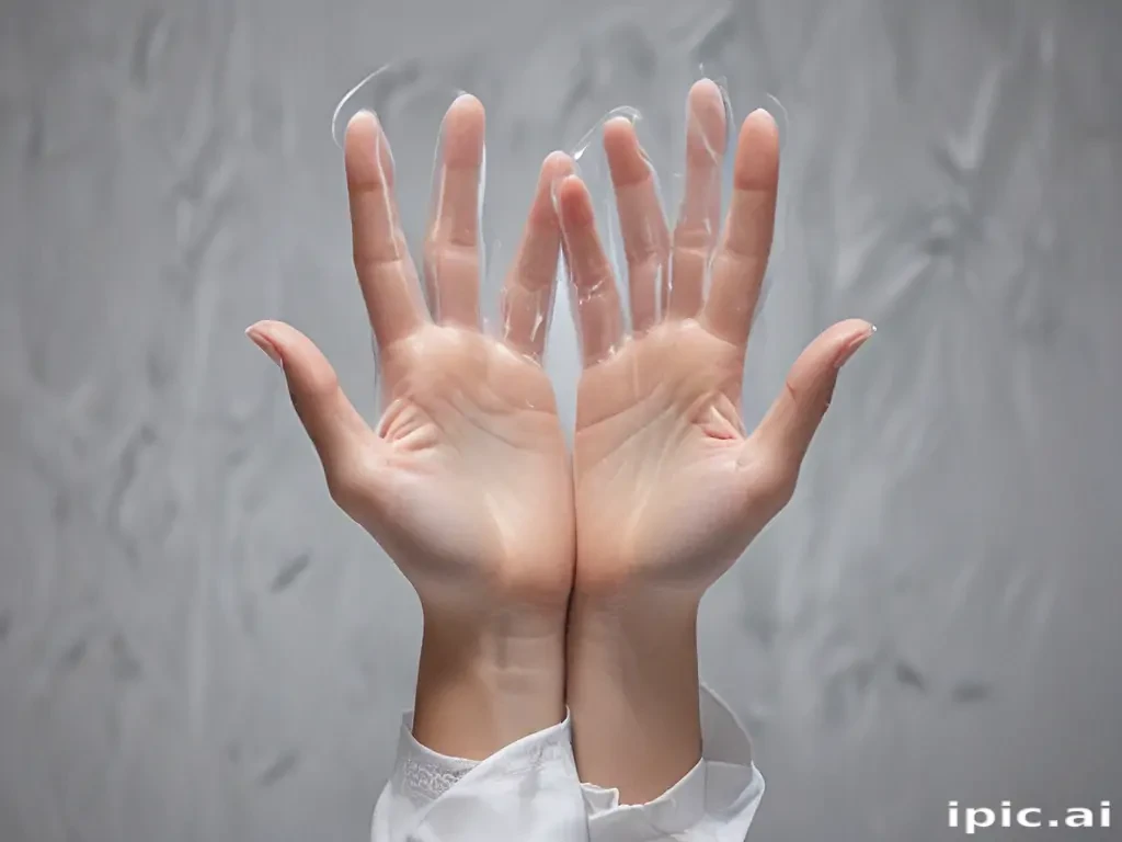 Delicate Hands Gloved in Transparent Material Against an Abstract ...