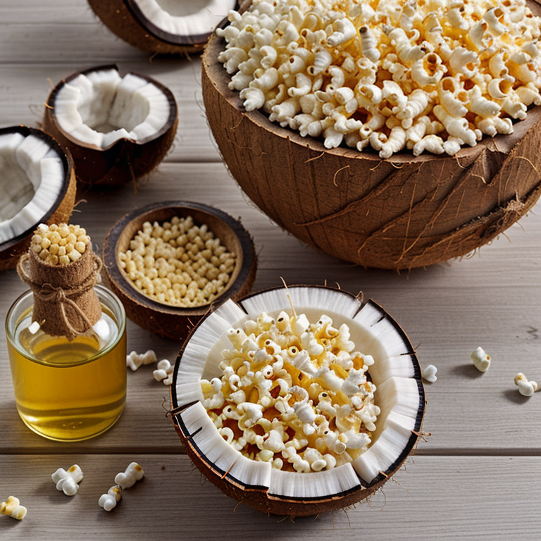 Deliciously Unique Popcorn Displayed in Coconut Shells with Oil and Kernels