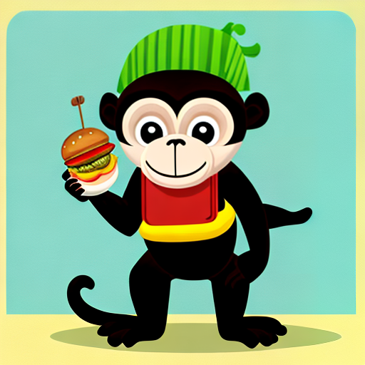 Monkey in outfit, holding a hamburger, showing the hamburger