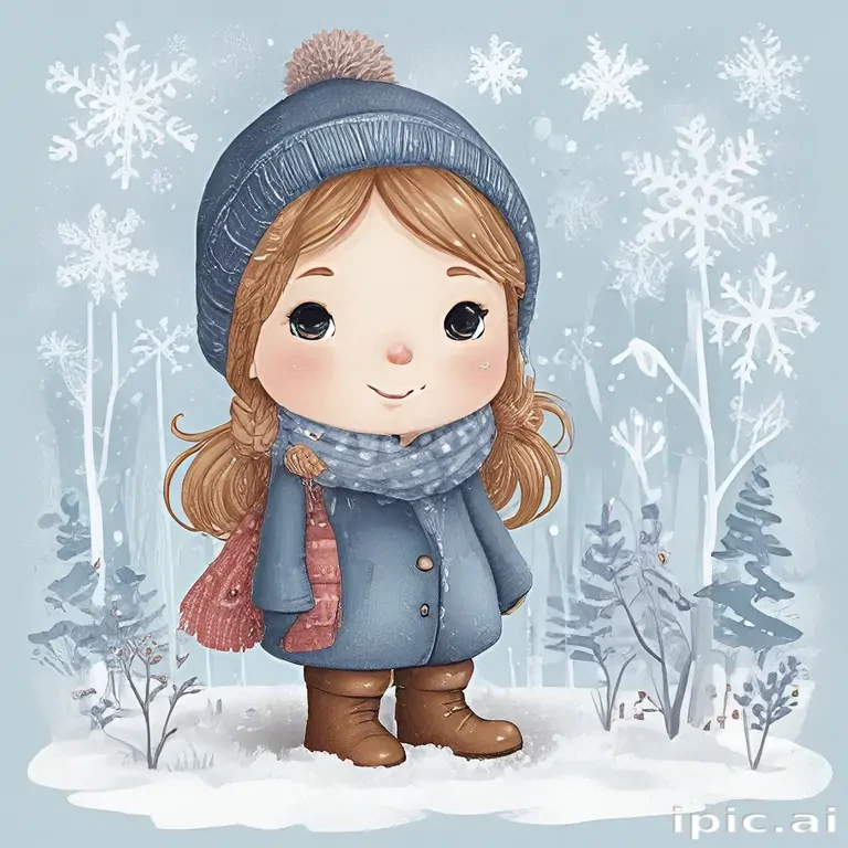 A Cute Winter Girl in a Cozy Outfit Surrounded by Snowflakes.