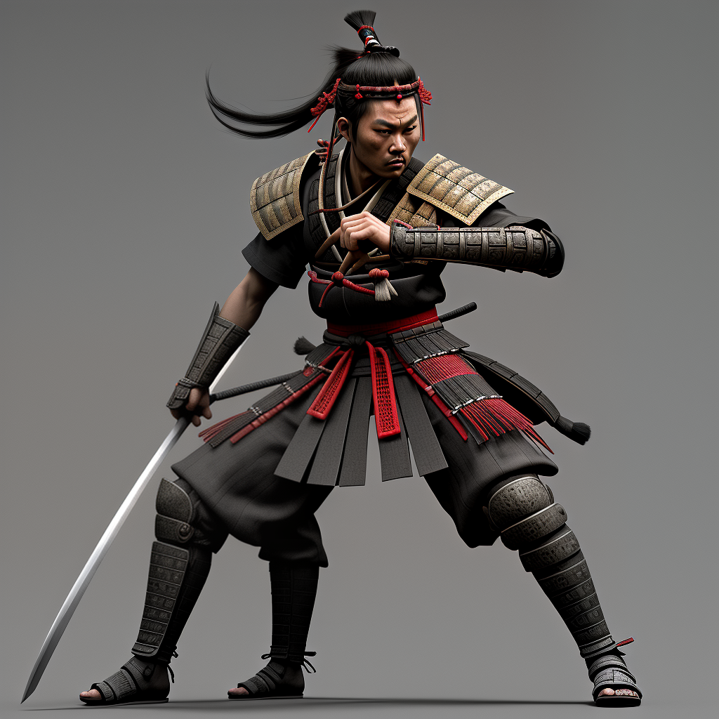 Dynamic Samurai Warrior in Traditional Armor, Ready for Battle Action Pose