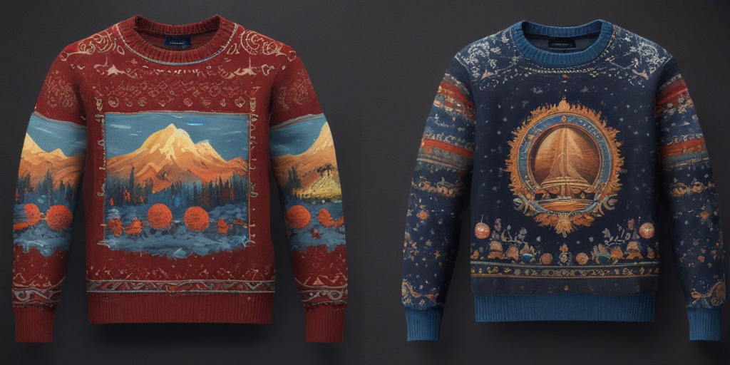 Colorful Sweaters Featuring Scenic Mountain Landscapes and Artistic Designs