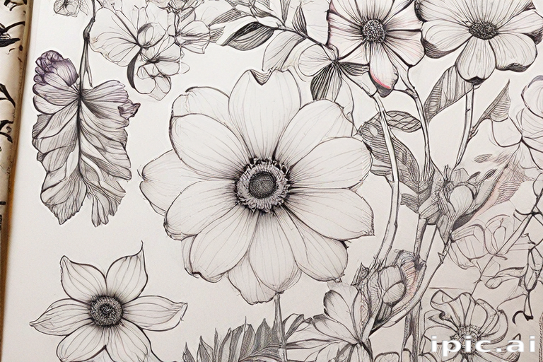 Intricate Botanical Illustration Featuring Various Detailed Flower ...