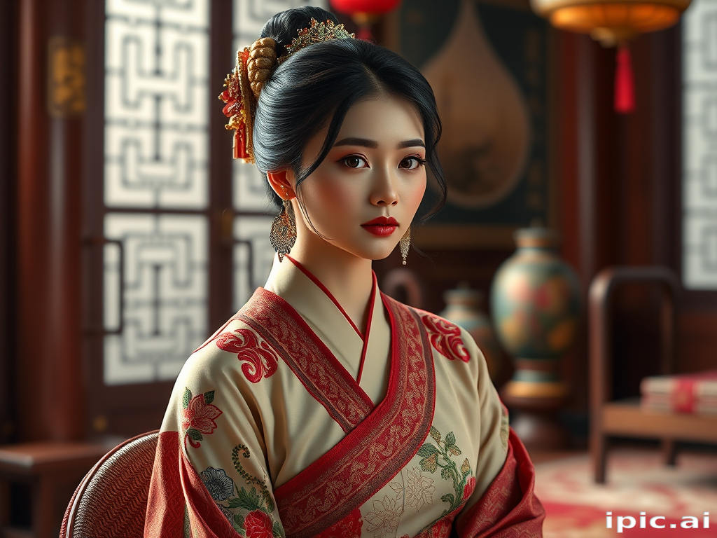 Elegant Portrait of a Woman in Traditional Asian Attire Surrounded by ...