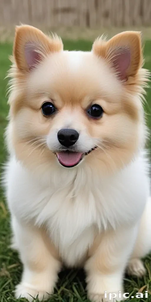 Adorable Pomeranian Puppy with Fluffy Fur Sitting in Green Grass