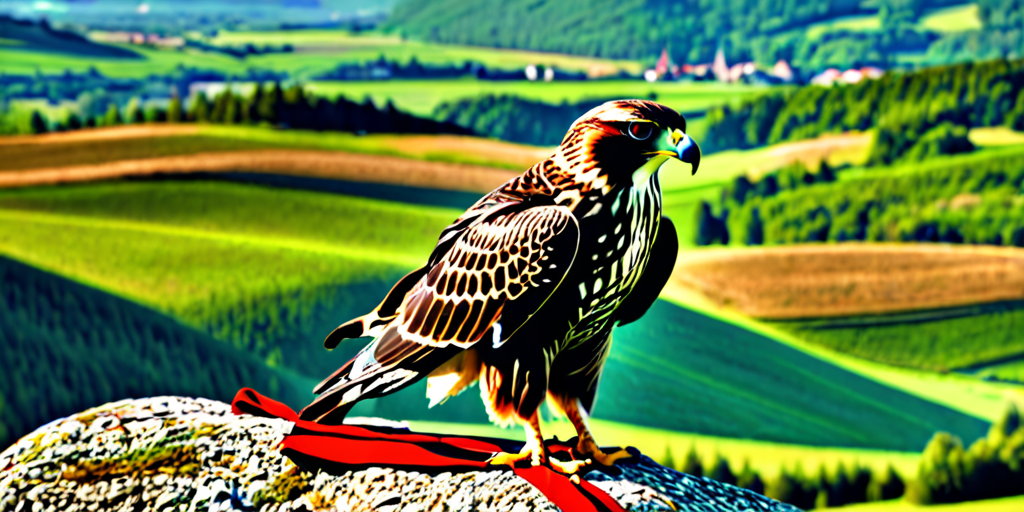 german landscape, hills, falcon, red scarf