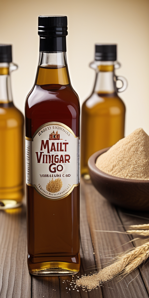 Artisan Malt Vinegar Bottle Surrounded by Ingredients and Rustic Table ...