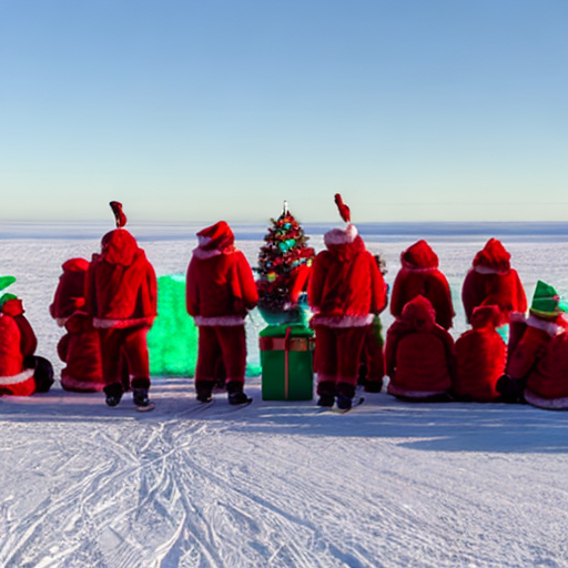 santa with elves and reindeer exercise in freezing north pole