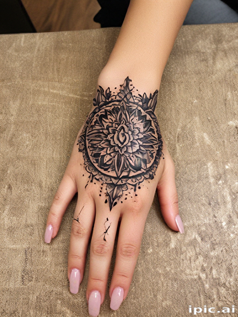 Intricate Black Mandala Tattoo Design on the Back of a Hand