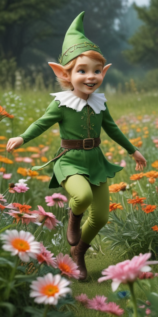 green elf jumping in a field of flowers
