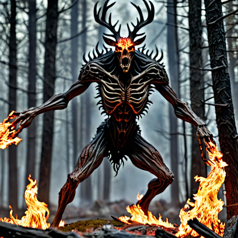 burning mutant wendigo, burning forest, inferno, on fire, eldritch horror