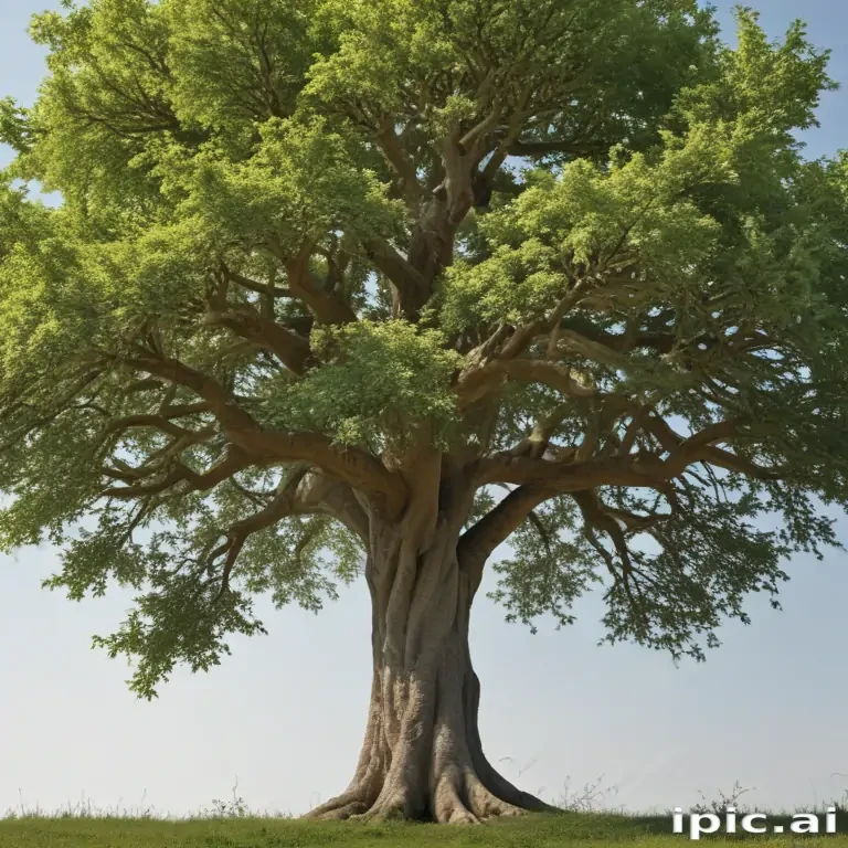 Majestic Tree Standing Tall with Lush Green Foliage Under Clear Blue Sky