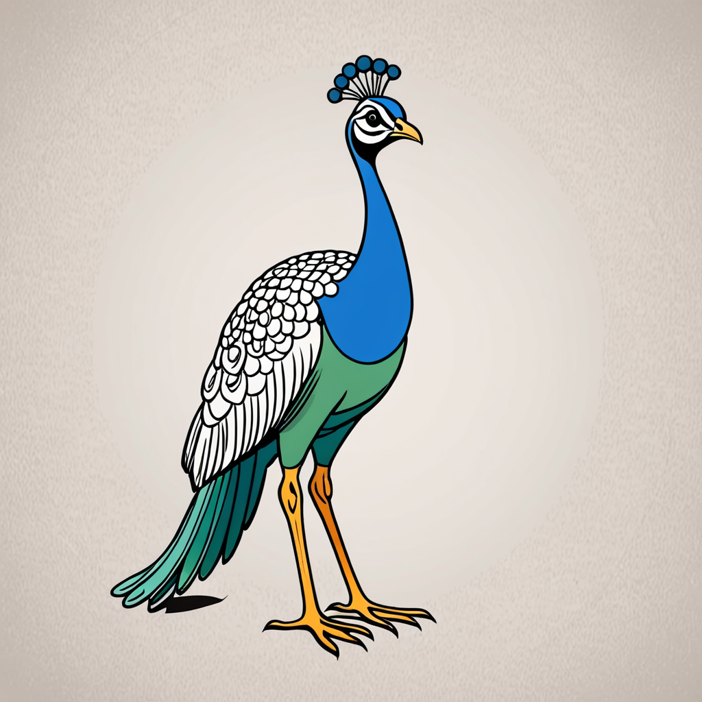 simple line drawing of cartoon Pixar style happy, excited peafowl's ...
