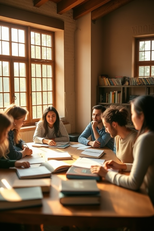 Group of Friends Engaged in Collaborative Study Session at Cozy Library