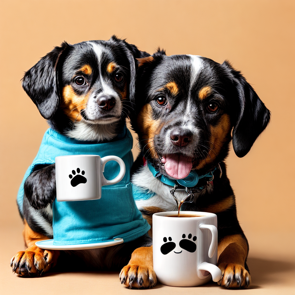 A cute cartoon dog with a coffee mug in its paw, happily sipping from it