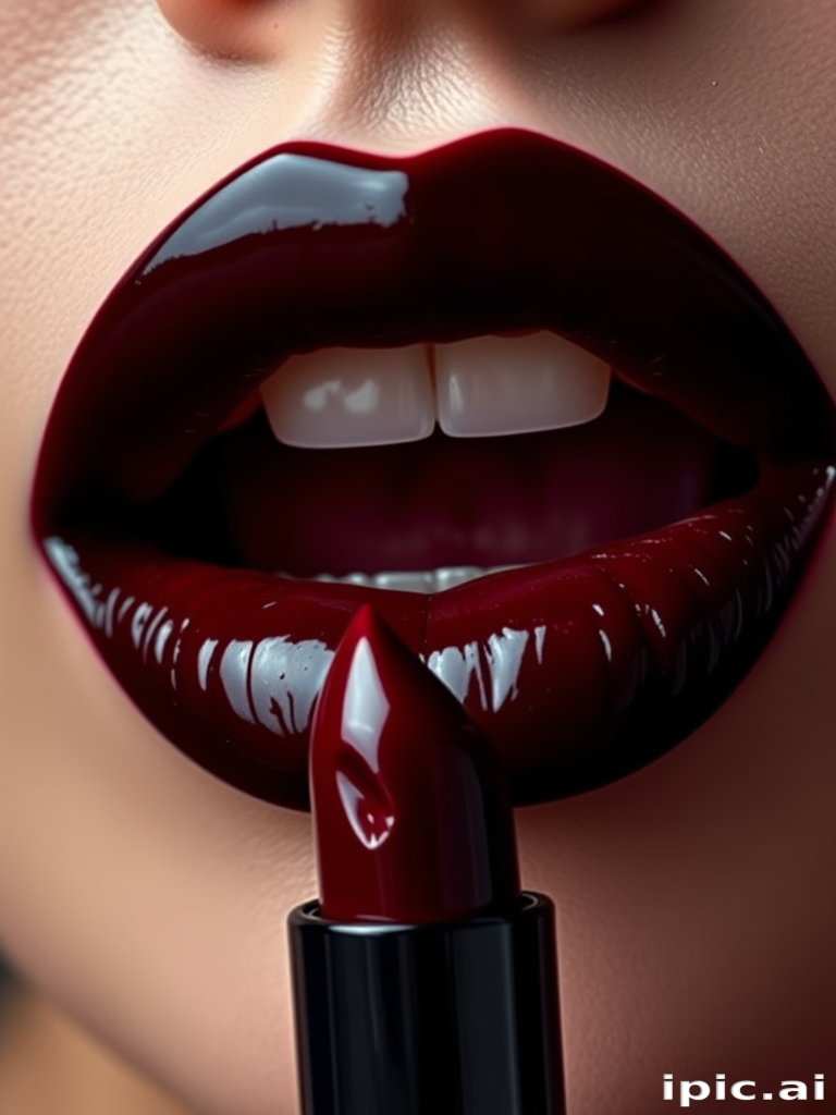 Close-Up of Glossy Dark Red Lips with a Lipstick Bullet Ready to Apply