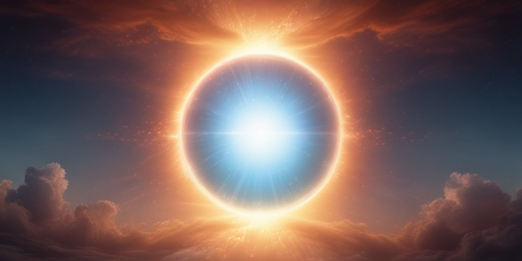 Celestial Phenomenon: A Glowing Orb Surrounded by Ethereal Clouds and Light