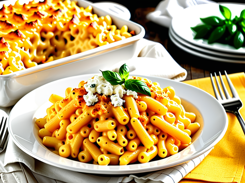 Deliciously Creamy Macaroni and Cheese with Fresh Basil Garnish Served ...