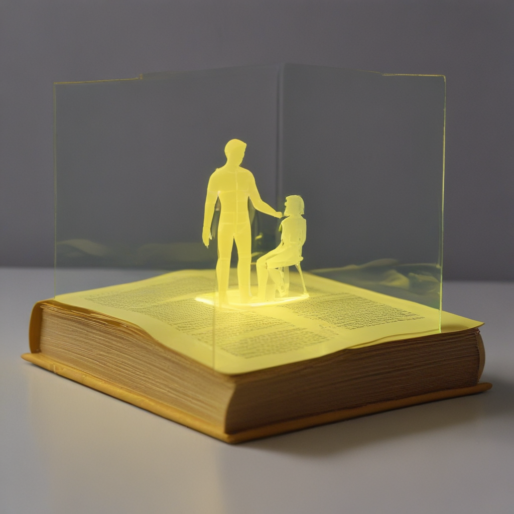 a yellow magic book that makes a hologram of people when its opened