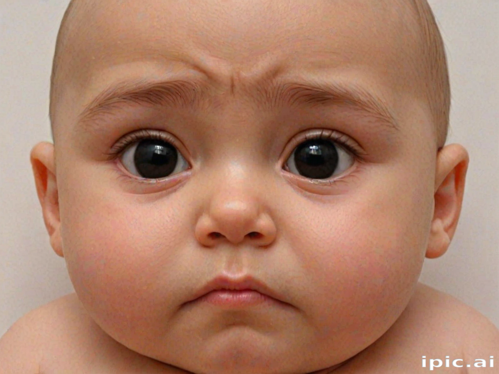 A Cute Baby with Big Eyes and a Serious Expression Looking Curious.