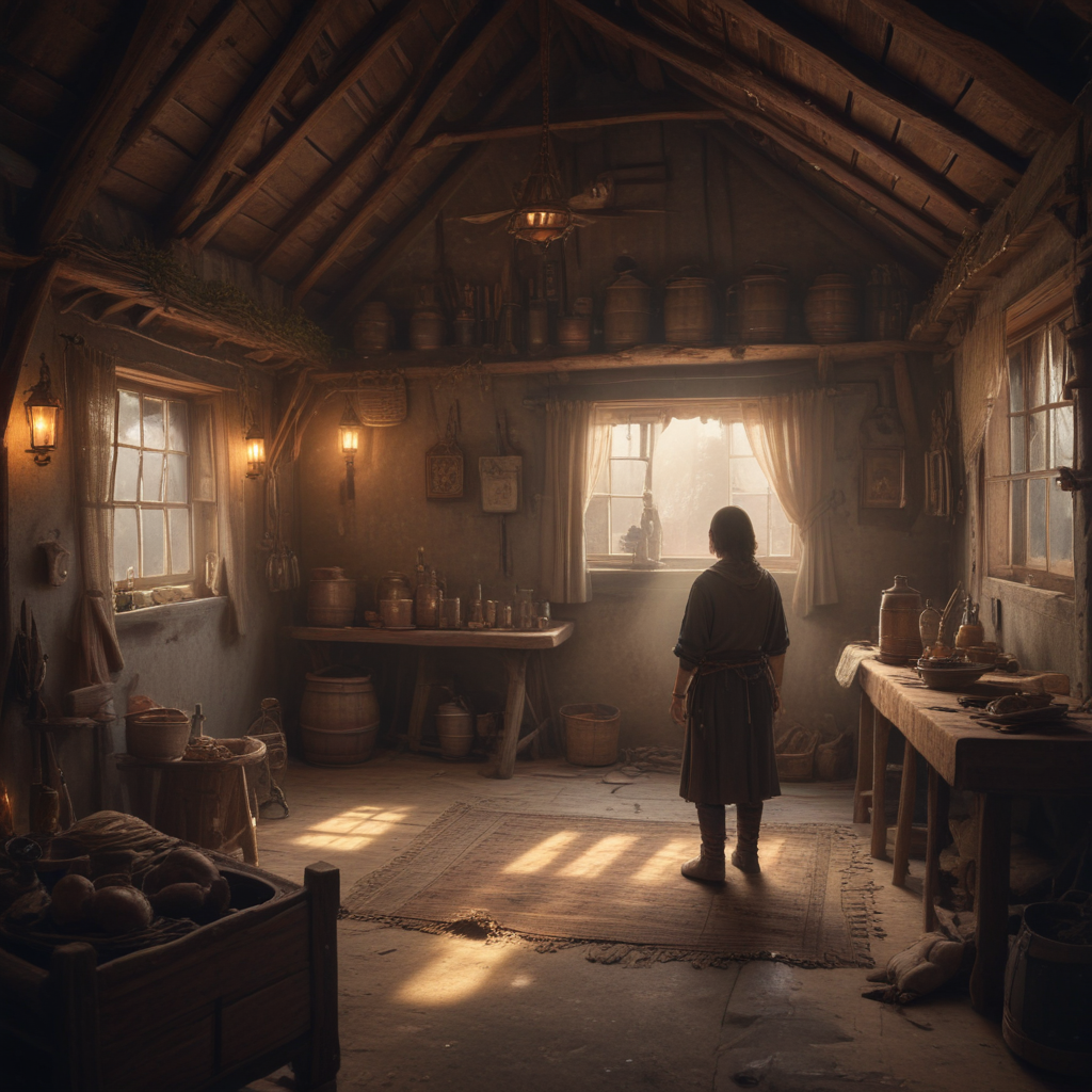 villagers standing in room, medieval hut, fantasy, concept art ...