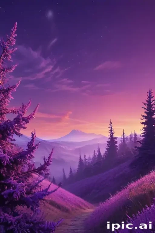 Serene Purple Landscape at Dusk with Lush Trees and Mountains
