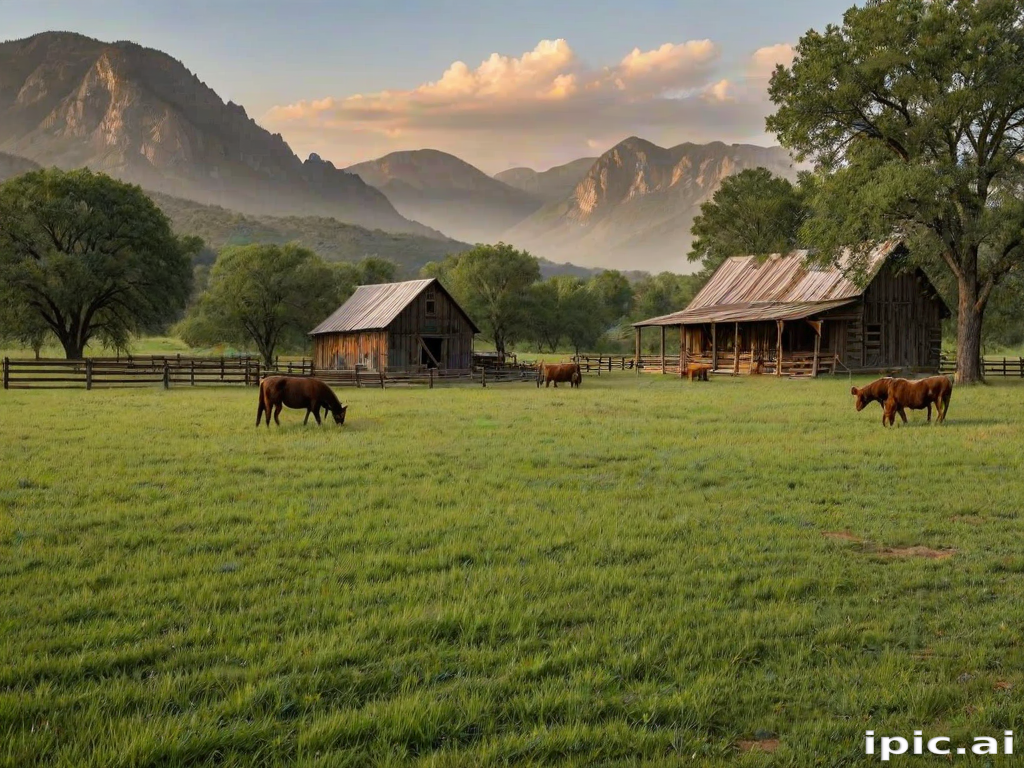 Scenic Countryside Landscape with Cows Grazing Near Rustic Barns and ...