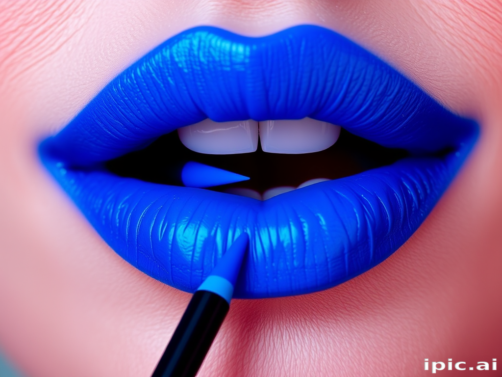 Vibrant Blue Lips Being Enhanced with Matching Lip Liner for Glamorous Look