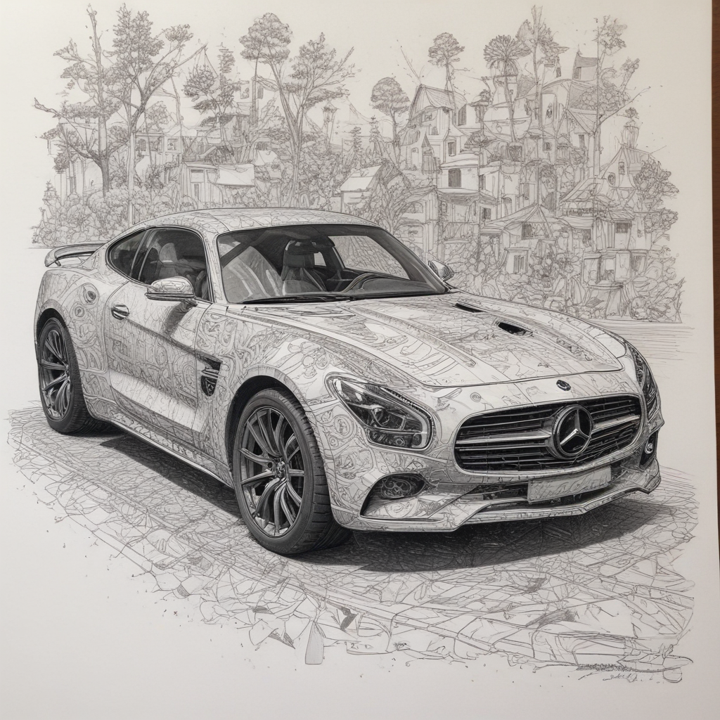 Intricate Pen Drawing of a Stylish Mercedes-Benz Amidst a Detailed ...