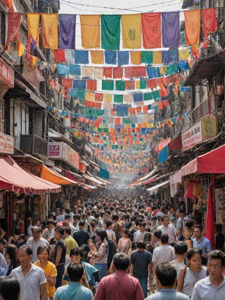 Vibrant Market Scene Filled with Colorful Flags and Crowded Streets
