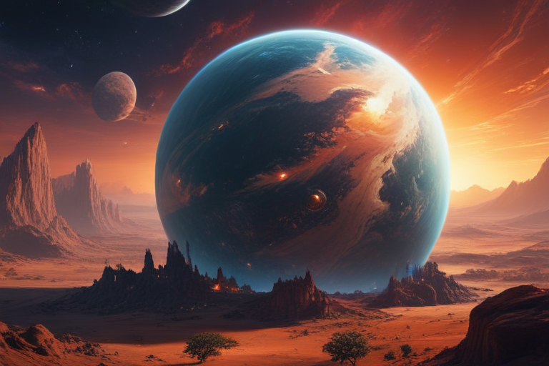 Majestic Planet Surrounded by Celestial Bodies in a Distant Alien Landscape