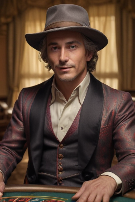 A Confident Gambler Sits at a Poker Table in a Vintage Casino