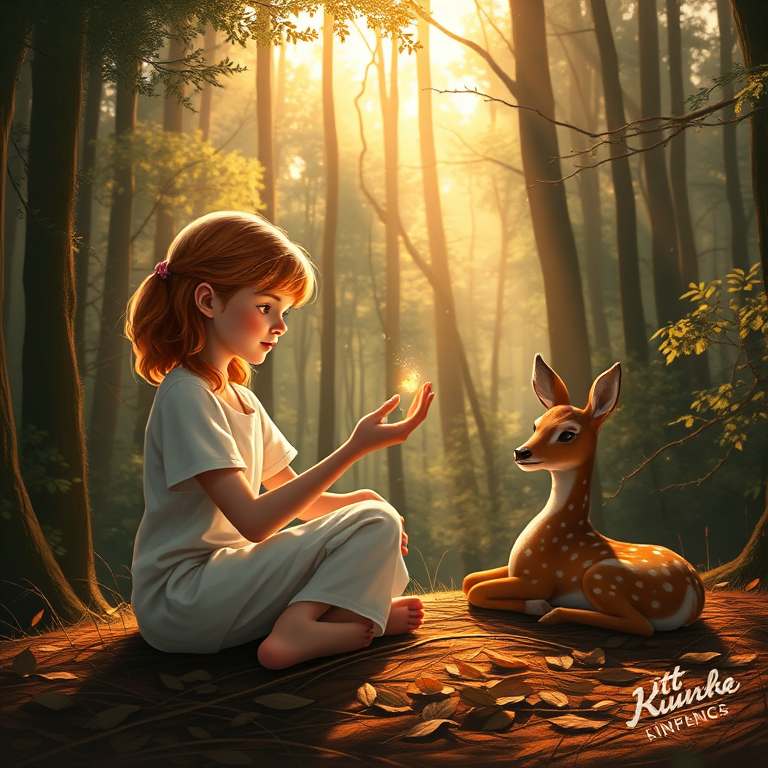 A Magical Moment of Connection Between a Girl and a Fawn in the Forest