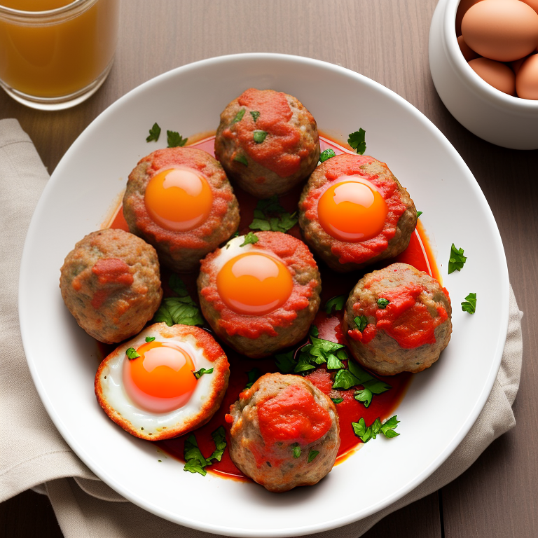 Savory Meatballs Topped with Eggs in Rich Tomato Sauce Garnished with ...