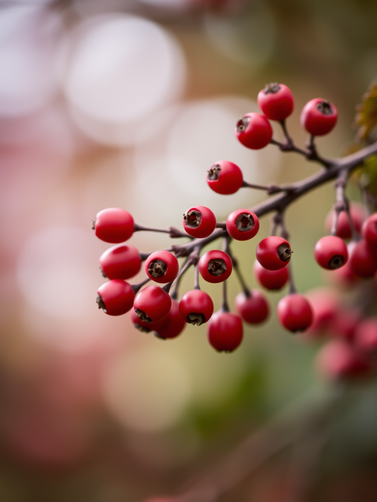 close-up of red berries on a branch, shallow depth of field, soft bokeh ...