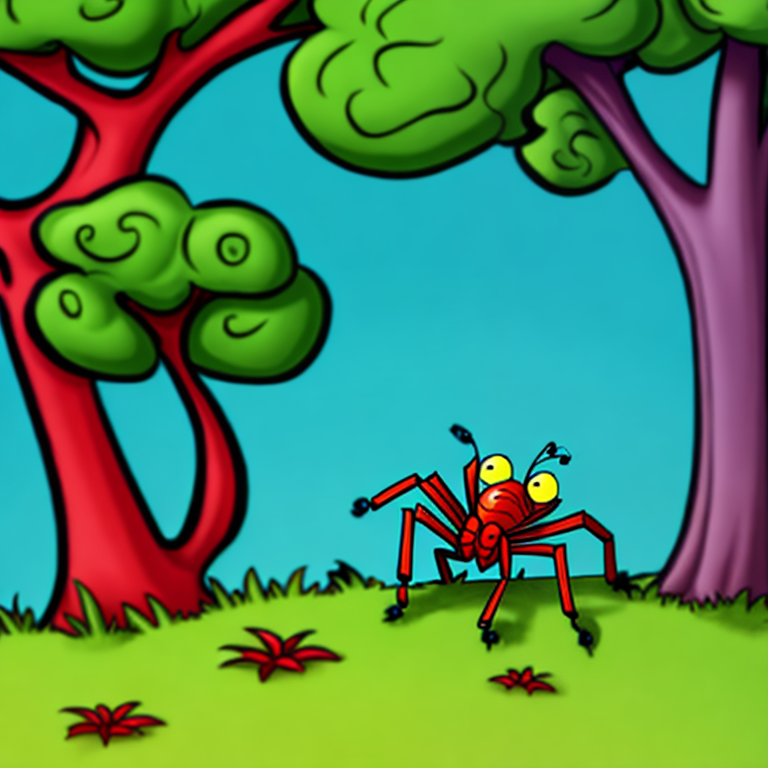 colorful spider crawling up a lush tree, cartoon style