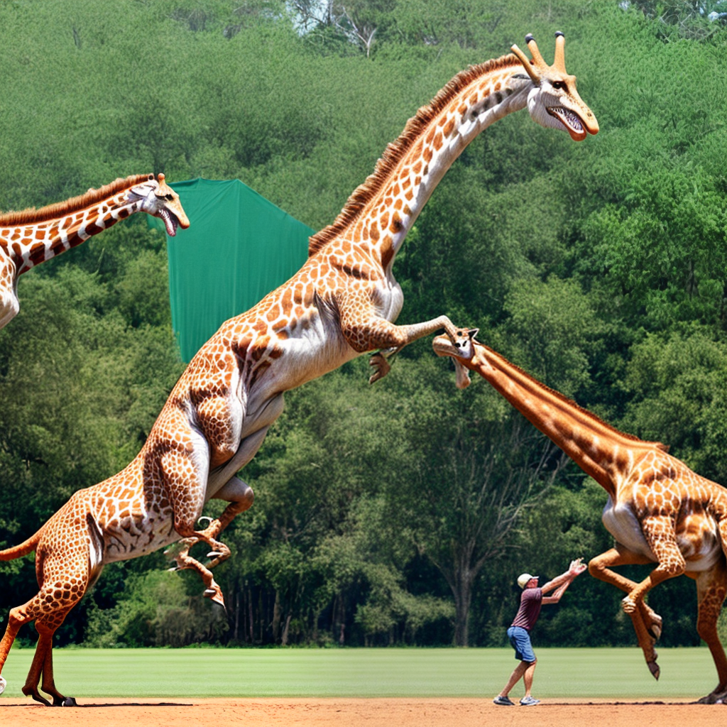a tyrannosaurus rex fighting a giraffe
