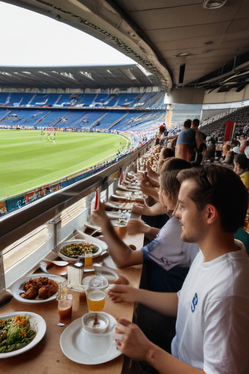 a restaurent in a soccer stadium where people are eating godd and ...