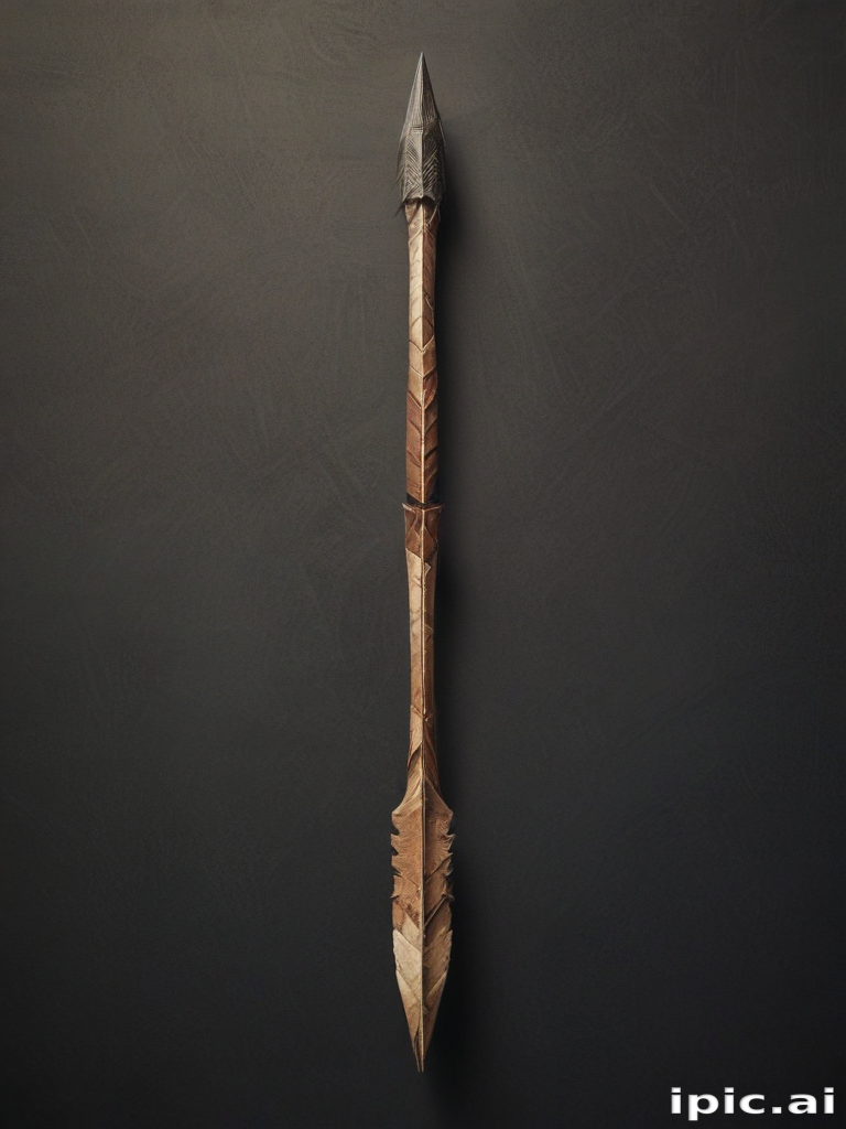 Intricately Carved Wooden Spear with Detailed Designs Against a Dark ...