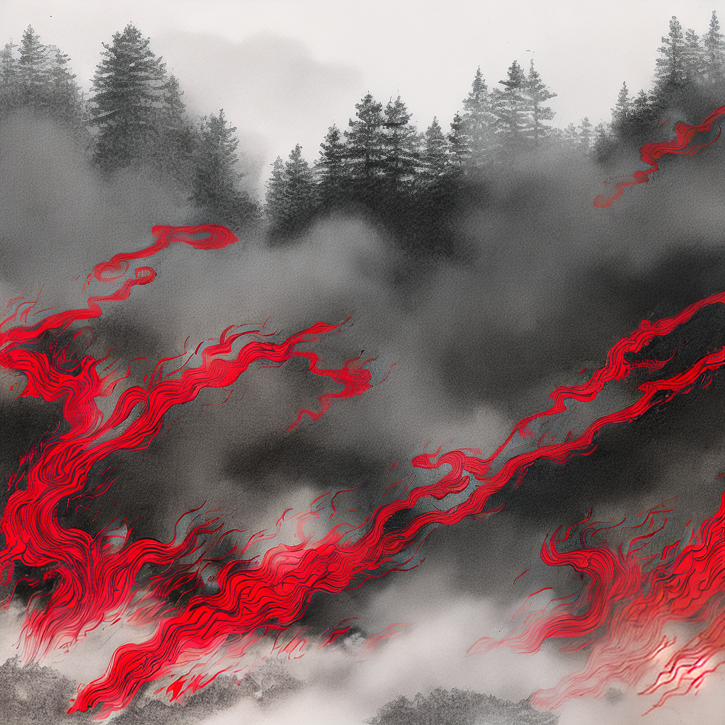 Ninjas fighting in the forest, in clouds, smoke, flames, red, pen ...