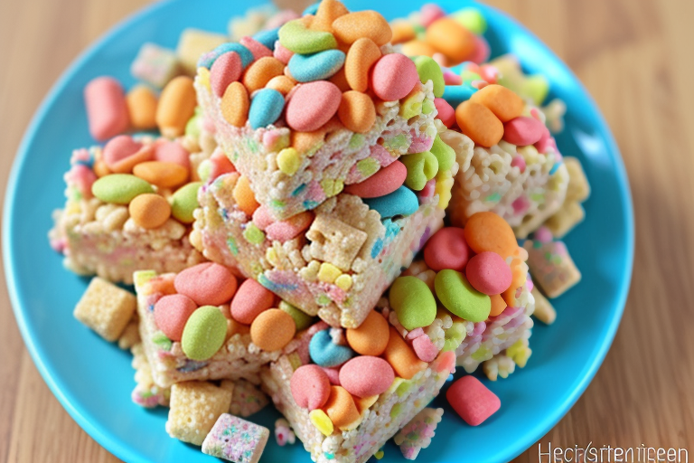 Colorful Rice Crispy Treats Topped with Vibrant Candy for a Fun Snack.