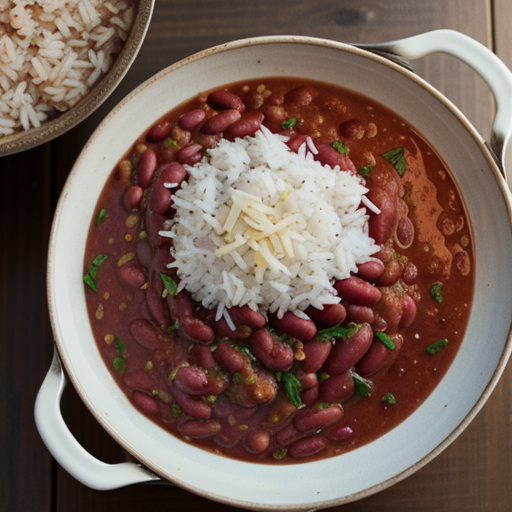 Delicious Bowl of Red Beans and Rice Garnished with Fresh Herbs