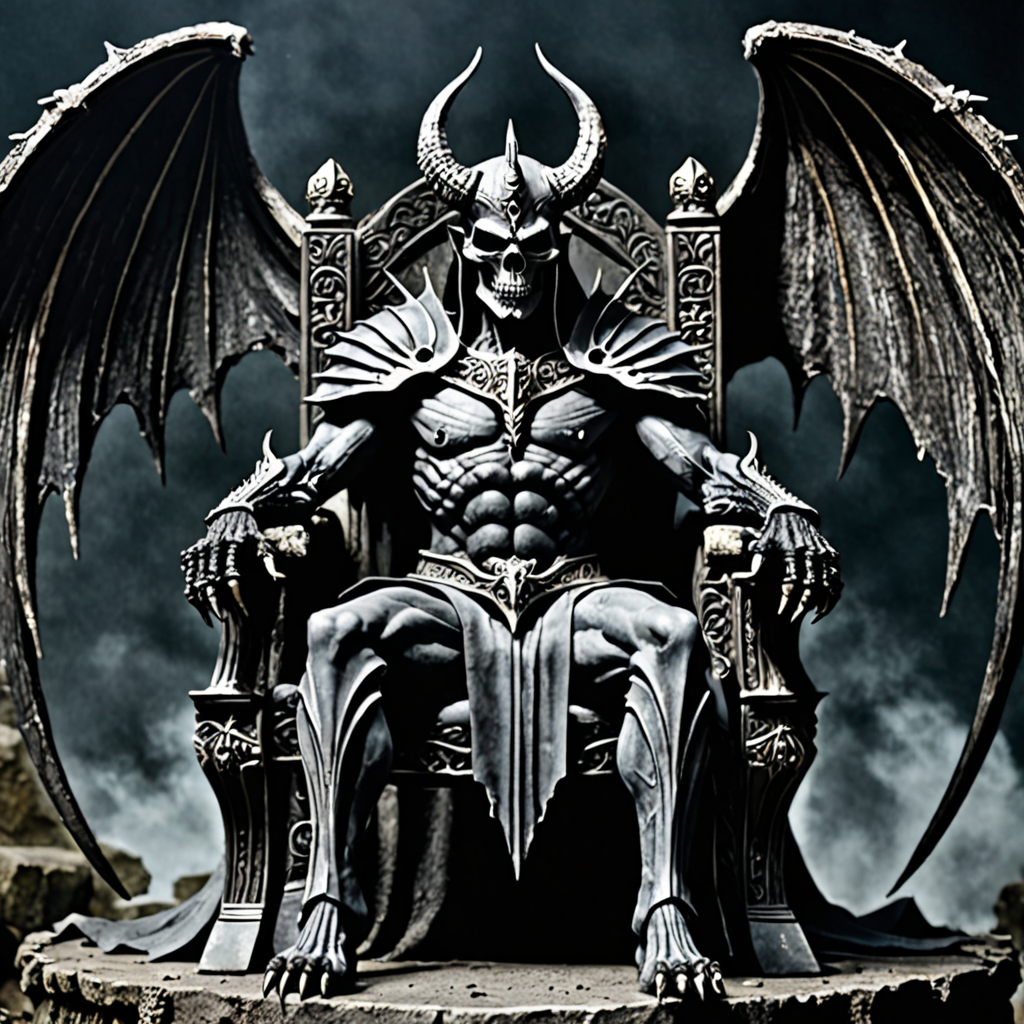 A demon with charcoal skin with bone wings and a 4-bladed scythe and a ...