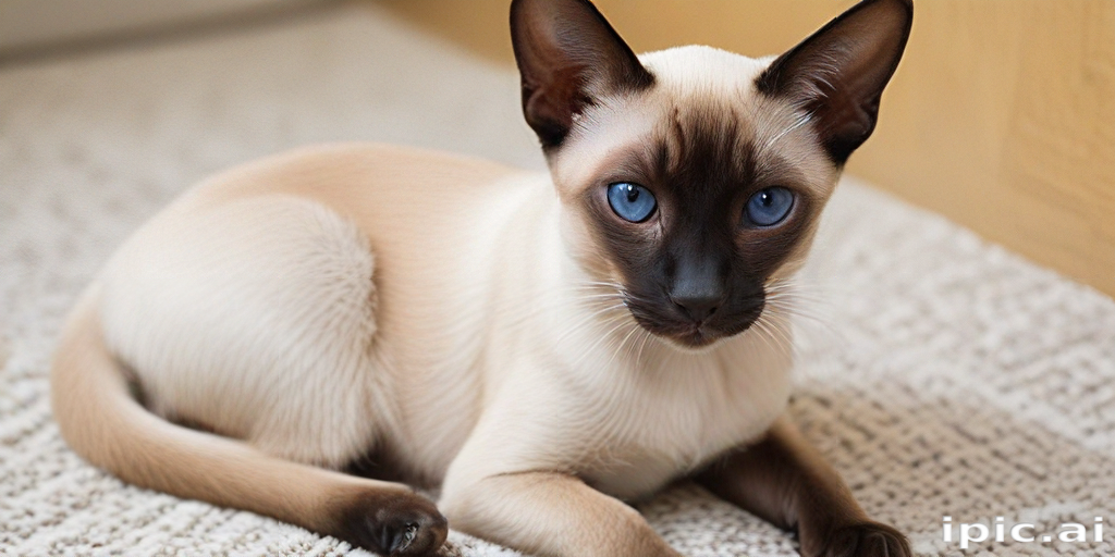 A Beautiful Siamese Cat Relaxing Comfortably on a Soft Rug.