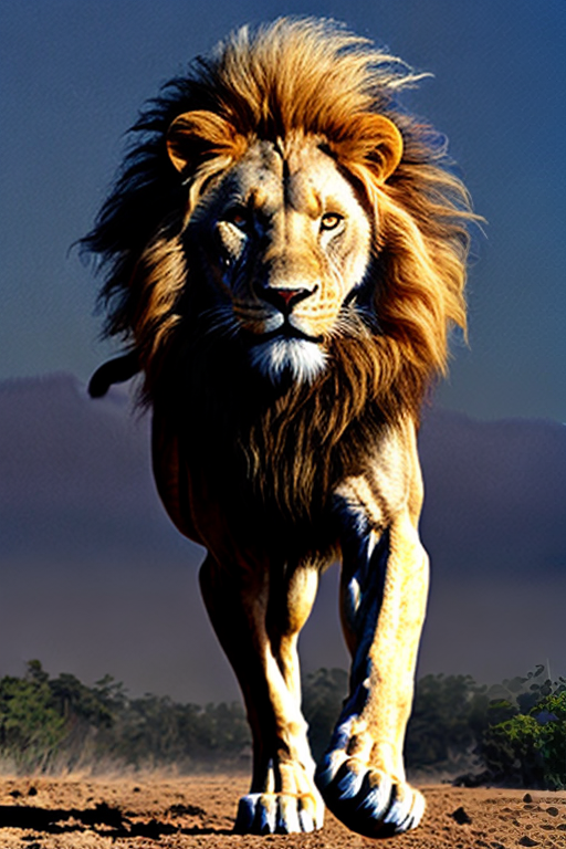 In an otherworldly realm, a humanoid lion strides majestically, a ...