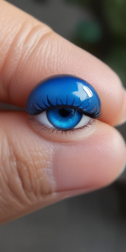 Close-Up of a Realistic Blue Glass Eye Held Between Two Fingers