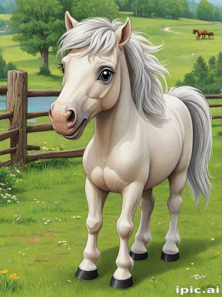 A Beautiful White Pony Standing Proudly in a Lush Green Pasture.