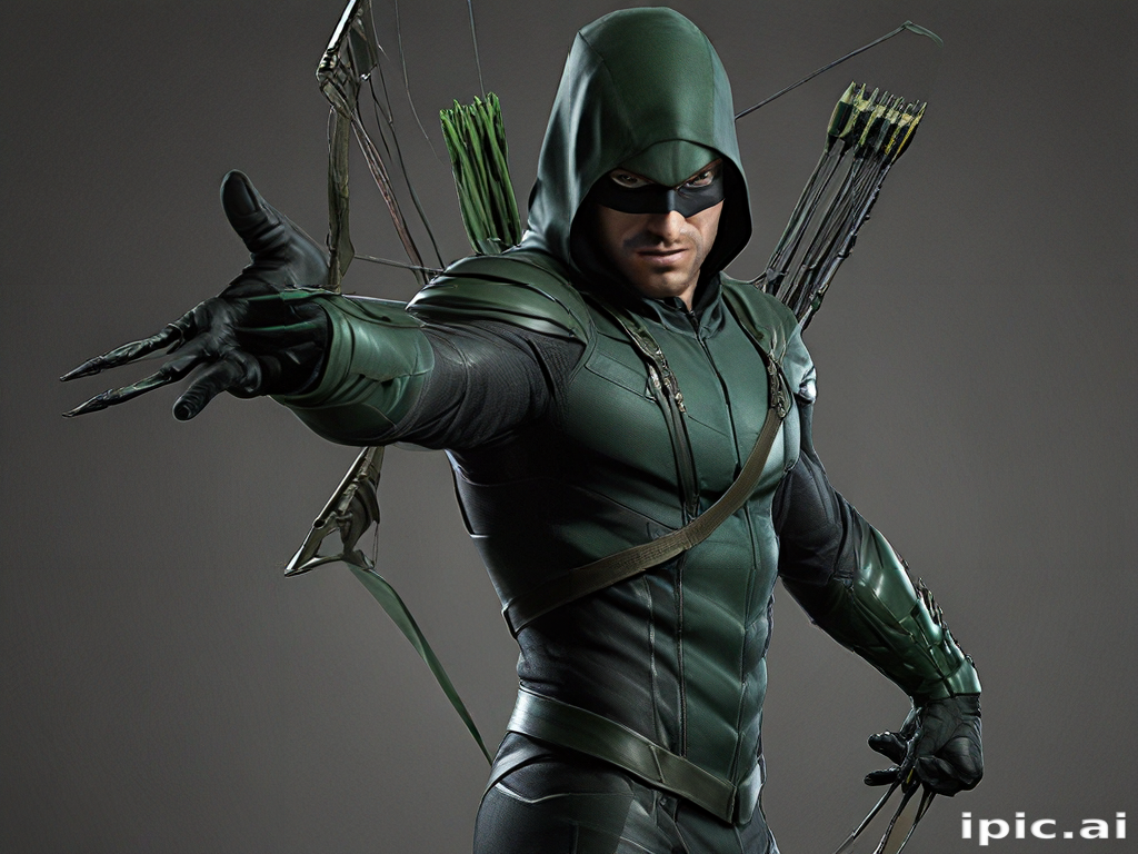 Heroic Archer in Green Costume with Bow and Quiver Ready for Action
