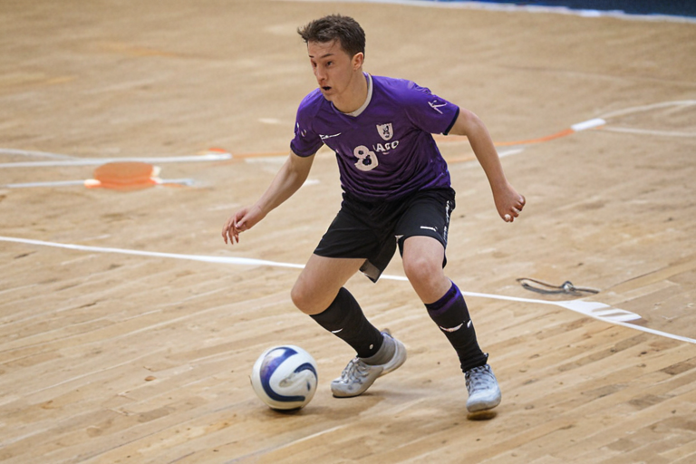 futsal player in purple and white who gets dribbled on by himself